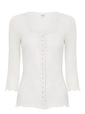Chloé Fitted Ribbed Cotton And Silk Jersey Top With Decorative Trim - Cream