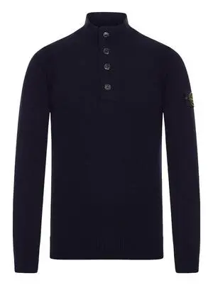 Stone Island STONE ISLAND High Neck Long Sleeve Wool Blend Knit Polo Blue