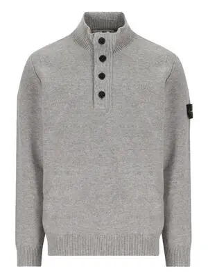 Stone Island STONE ISLAND Grey High Neck Button-Fastening Knit Jumper Gray