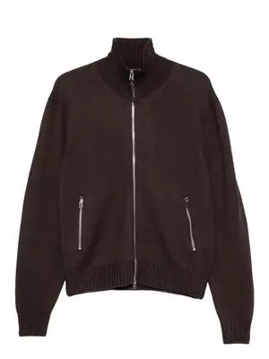 TOM FORD High Neck Zip-up Cardigan With Leather Elbow Patches - Brown