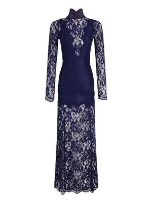 Rabanne Navy Lace High Neck Long Sleeve Gown - Blue