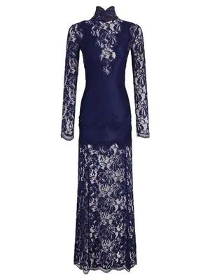 Rabanne Navy Lace High Neck Long Sleeve Gown - Blue