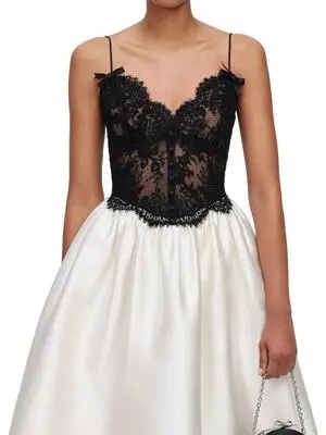 SELF-PORTRAIT Lace Bodice Satin Skirt Dress - Cream