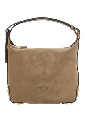 TOD'S Leather Handbag With Zip Closure And Studded Accents - Cream
