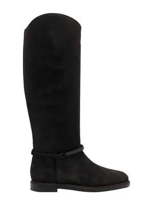 Brunello Cucinelli Knee-high Suede Boots With Precious Strap - Brown