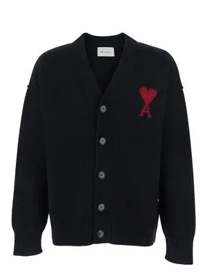 AMI Paris V-neck Wool Cardigan With Adc Embroidery - Multicolor