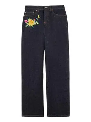 Kenzo Wildflower Embroidered Japanese Denim Straight-leg Trousers - Blue