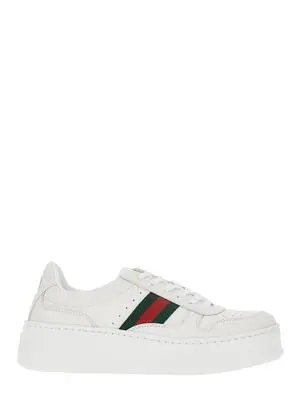Gucci Oversized Sole Leather Sneakers With Web Ribbon Detail - White