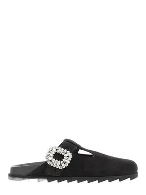 ROGER VIVIER Slidy Viv Suede Leather Mules With Crystal Buckle - Black