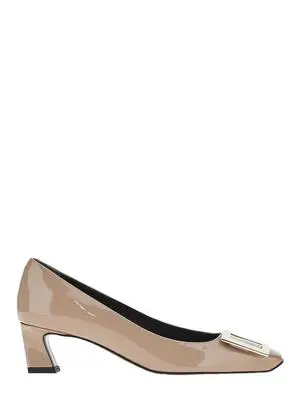 ROGER VIVIER Trompette Patent Leather Square Toe Pumps With Buckle Detail - Cream