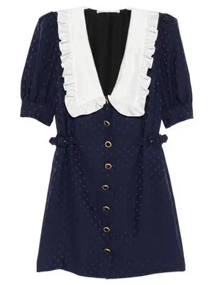 Alessandra Rich Navy Silk Dress With Ruffled Collar - Blue