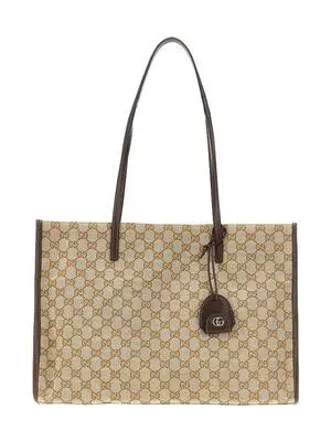 Gucci Jacquard Gg Canvas Leather Trimmed Londra Shopping Bag - Cream