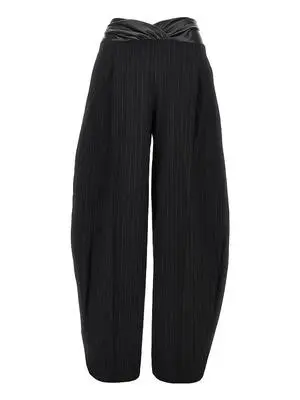 Andamane Virgin Wool Gabardine Pinstriped Wide Leg Pants With Faux Leather Waist - Black