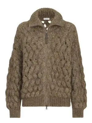 Brunello Cucinelli Zigzag Cable-knit Cardigan With Sequins - Brown