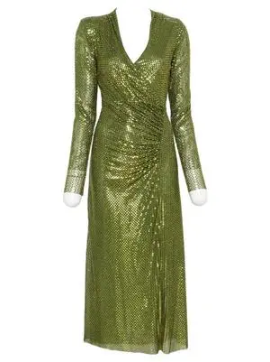 SELF-PORTRAIT Draped Sequin Midi Dress - Green