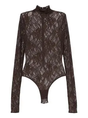 Andamane Dark Lace High Neck Long Sleeve Zip Fastening Bodysuit - Brown