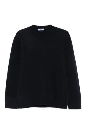 Prada Navy Virgin Wool Crew Neck Knitwear Jumper With Suede Elbow Patches - Blue