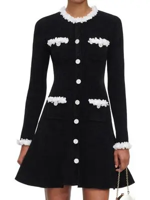 SELF-PORTRAIT Chenille Knit Mini Dress With Floral Trims - Black