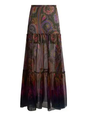 Etro Long Silk Skirt With Placement Paisley Print - Green