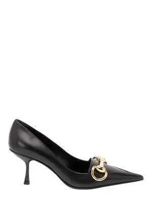 Gucci Leather Horsebit Detail Pointed Toe Kitten Heel Pumps - Black