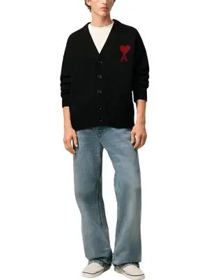 AMI Paris Merino Wool V-neck Cardigan With De Coeur Intarsia - Black