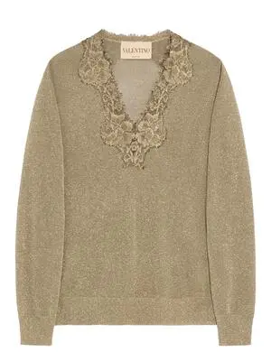 Valentino Garavani Metallic Lace-trimmed V-neck Sweater - Gold