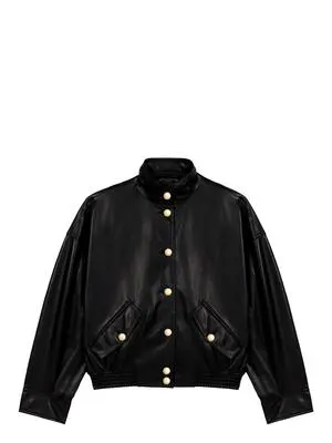 Maje Leather Funnel Neck Jacket With Gold-tone Buttons - Black