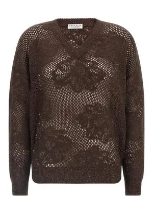 Brunello Cucinelli V-neck Floral Lace Sweater - Black