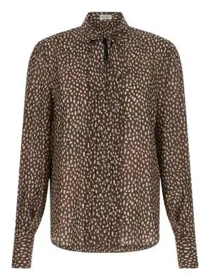 Brunello Cucinelli Polka Dot Printed Tie-detailed Collared Shirt - Brown