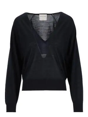 FORTE_FORTE Sheer V-neck Knitted Sweater - Navy