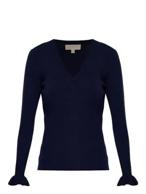 Michael Kors Ruffled V-neck Sweater - Navy Blue