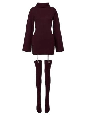 AYA MUSE Cursa Ribbed-knit Wool Turtleneck Mini Dress And Tights Set - Wine Red