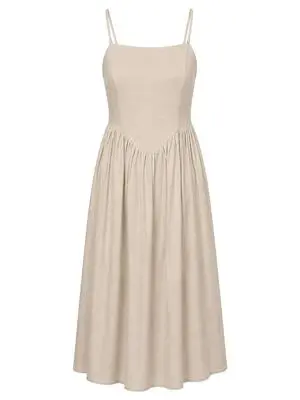 OH!ZUZA NIGHT&DAY Linen Viscose Midi Dress With Corset Back - Beige