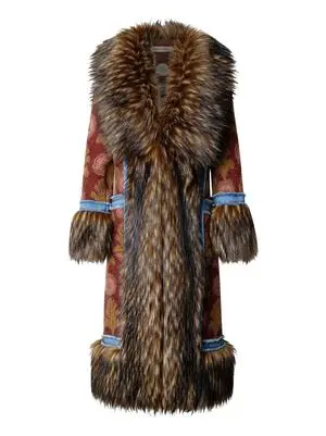 THE EXTREME COLLECTION Multicolor Jacquard Long Knit Coat With Faux Fur Trim - Brown