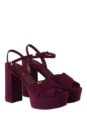 Prada Suede Platform Sandals With Ankle Strap And Logo Buckle - Red