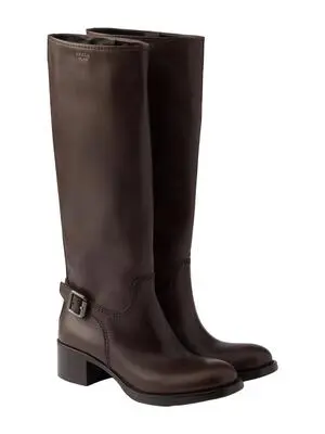 Prada Buckled Leather Knee High Boots - Brown