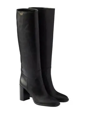 Prada Leather Knee High Boots With Block Heel - Black