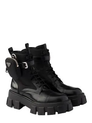 Prada Monolith Leather And Re-nylon Lace-up Booties With Pouch - Black