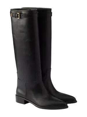 Prada Leather Knee-high Boots With Logo Buckle - Black