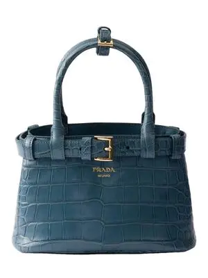 Prada Crocodile Embossed Leather Handbag With Buckle Detail - Blue