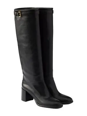 Prada Leather Knee-high Boots With Logo Buckle - Black