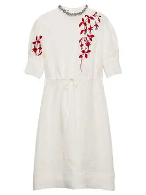 Prada Embroidered Slubbed Fabric Dress With Band Collar - Neutral