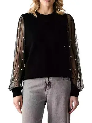 Karl Lagerfeld Faux-pearl Embellished Sheer-sleeve Top - Black