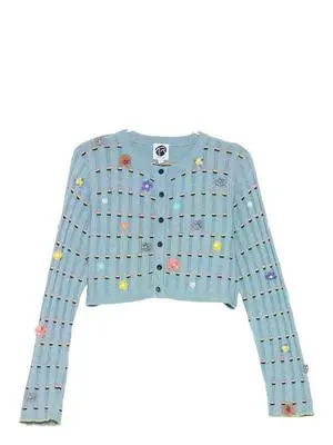 YANYAN Cropped Cardigan With Floral Embellishments - Blue