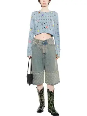YANYAN Cropped Cardigan With Floral Embellishments - Blue