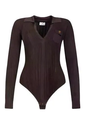 Elisabetta Franchi Ribbed Knit Bodysuit With Openwork Embroidery And Logo Detail - Brown