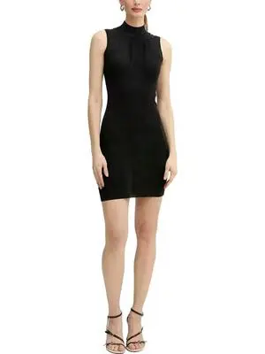 Armani Exchange Sleeveless High Neck Ribbed Knit Midi Dress - Black