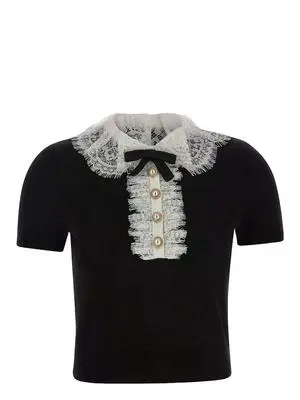 SELF-PORTRAIT Lace-collar Wool Knit Top - Black