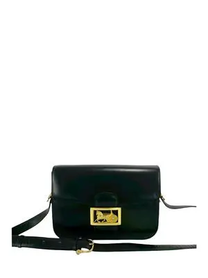 Celine 1970s Leather Horse Carriage Logo Flap Crossbody Bag - Black