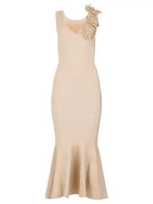 ANDREEVA Chrysanthemum Metallic Knit Dress With Handmade Embroidery - Beige
